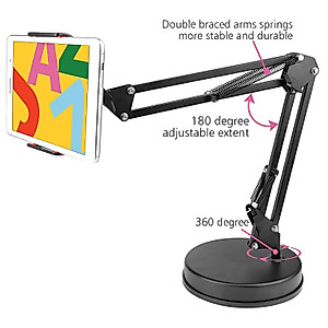 Overhead Phone Mount Stand ChromLives Phone Video Stand Articulating Arm Phone Mount Table Top with Base Adjustable 360° Cell Phone Tablet Holder Mount Desktop Compatible with Phones, Tablets, iPad