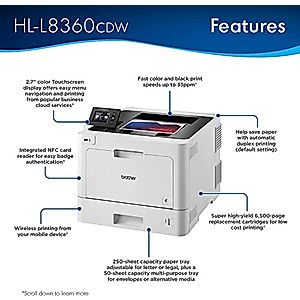 Brother HL-L8360CDW Wireless Single-Function Color Laser Printer - Print Only - USB, Ethernet, WiFi, NFC Connectivity, 2.7" Touchscreen LCD, 31 ppm, 600 x 2400 dpi, Auto Duplex Printing (Renewed)