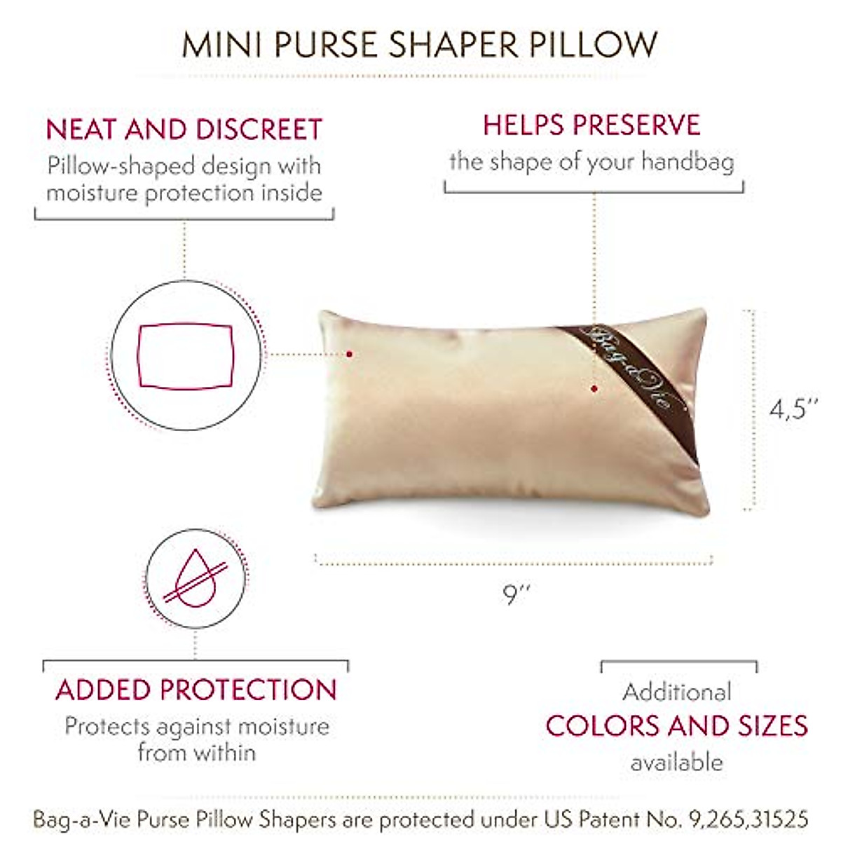 Bag-a-Vie Handbag Shaper Pillow – Luxury Handbag Shaper & Purse Shapers - [Mini] 9” x 4.5” - Fits Flap Bags and Shoulder Bags - Champagne