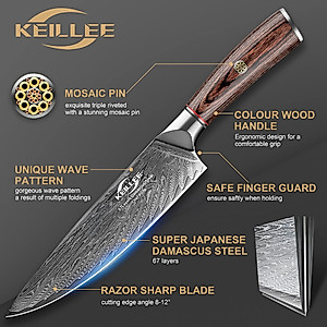 KEILLEE Premium 8-Inch Damascus Steel Chef Knife with Anti-Stick VG10 Blade and Ergonomic Handle