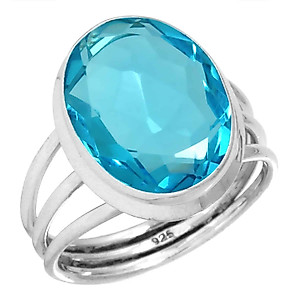 JEWELOPORIUM 925 Sterling Silver Ring for Women Size 10 Blue Quartz Gemstone Solitaire Silver Ring Easter Gift Costume Jewelry