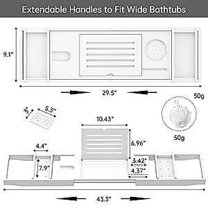 Bamboo Bathtub Tray Bath Tub Caddy with Expandable Handles Wine Glass Phone Holder Book Stand for Bathroom White
