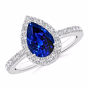 1.85Ctw Pear Shaped Blue Sapphire & Cubic zirconia Halo Prong Set Engagement Wedding Ring 14K White Gold Plated