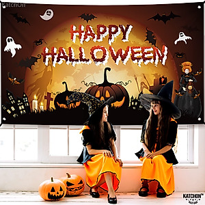 KatchOn, Haunted Happy Halloween Backdrop - XtraLarge, 72x44 Inch | Scary Pumpkin Happy Halloween Banner for Halloween Decorations Outdoor | Halloween Pumpkin Backdrop for Halloween Party Decorations