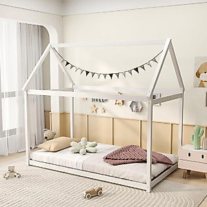 KOMFOTT Twin House Bed Frame for Kids, Solid Wood Kids Platform Floor Bed with Roof & Multiple Slats, Toddler Floor Tent Bed Frame for Girls Boys, No Box Spring Needed (White)
