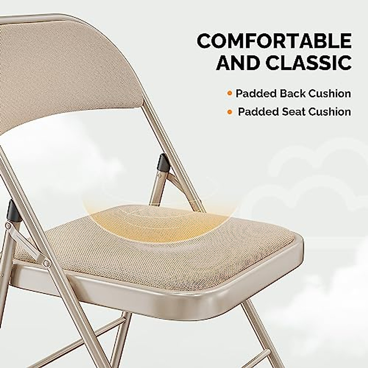 VINGLI Folding Chairs with Padded Seats, Metal Frame with Fabric Seat & Back, Capacity 350 lbs, Khaki, Set of 4