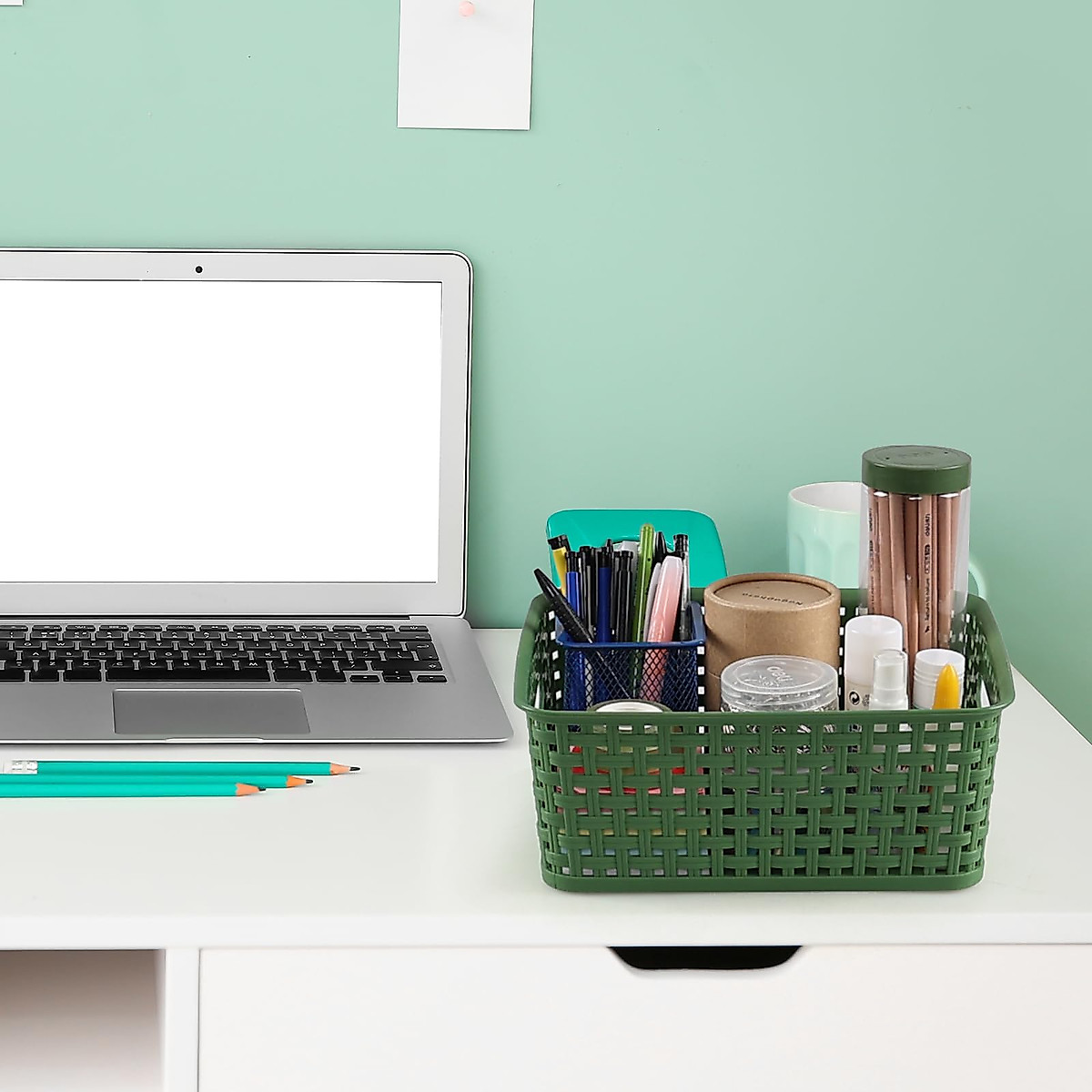 Taysisiter Plastic Woven Storage Baskets, Plastic Storage Baskets for Organizing, Deep Green, 6 Packs