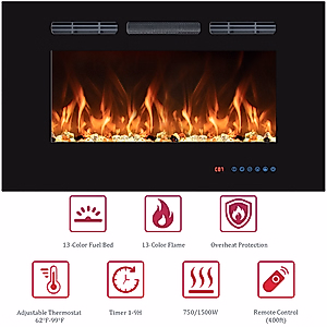 30" Electric Fireplaces Inserts, Recessed & Wall-Mounted Fireplace Heater with Thermostat, Multicolor Flames,Timer, Log & Crystal, 750/1500W
