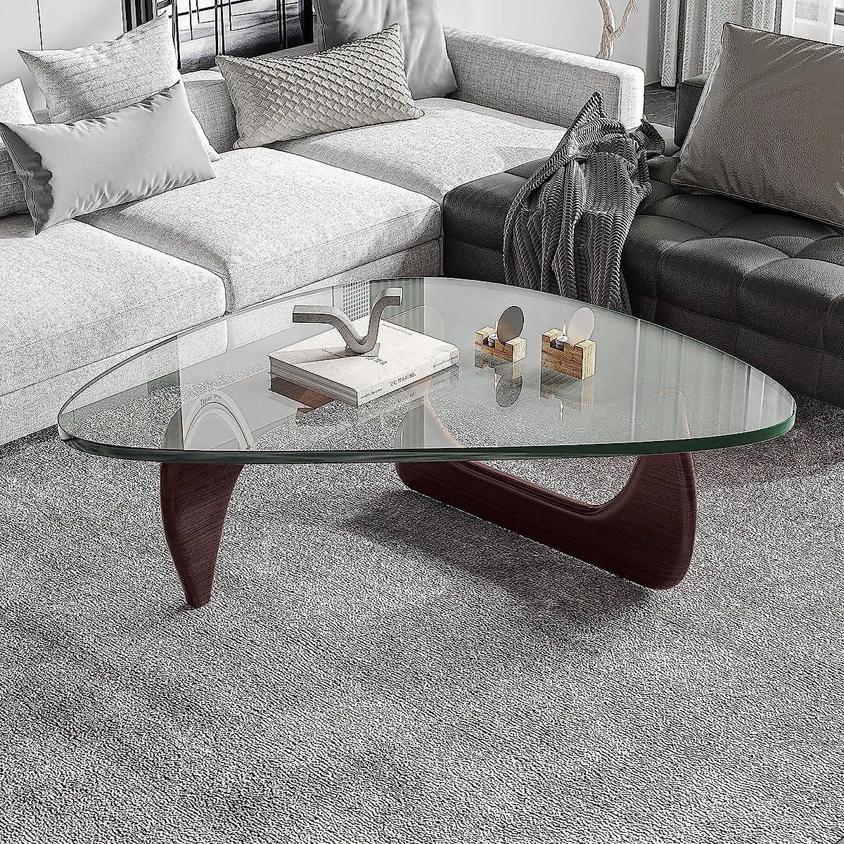 Rimdoc Triangle Glass Coffee Table Modern Noguchi Coffee Table, Vintage Glass, Wood End Table, Solid Wood Base and Clear Glass Top Accent Coffee Table, for Living Room, Patio(Upgraded Version)