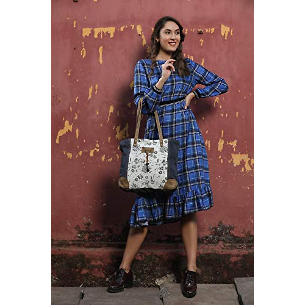 Myra Bag Abstract Key Upcycled Canvas & Cowhide Tote Bag S-1456