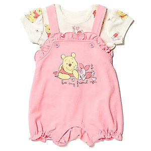 Disney Piglet Winnie the Pooh Newborn Baby Girls French Terry Short Overalls and T-Shirt Pink/White 0-3 Months
