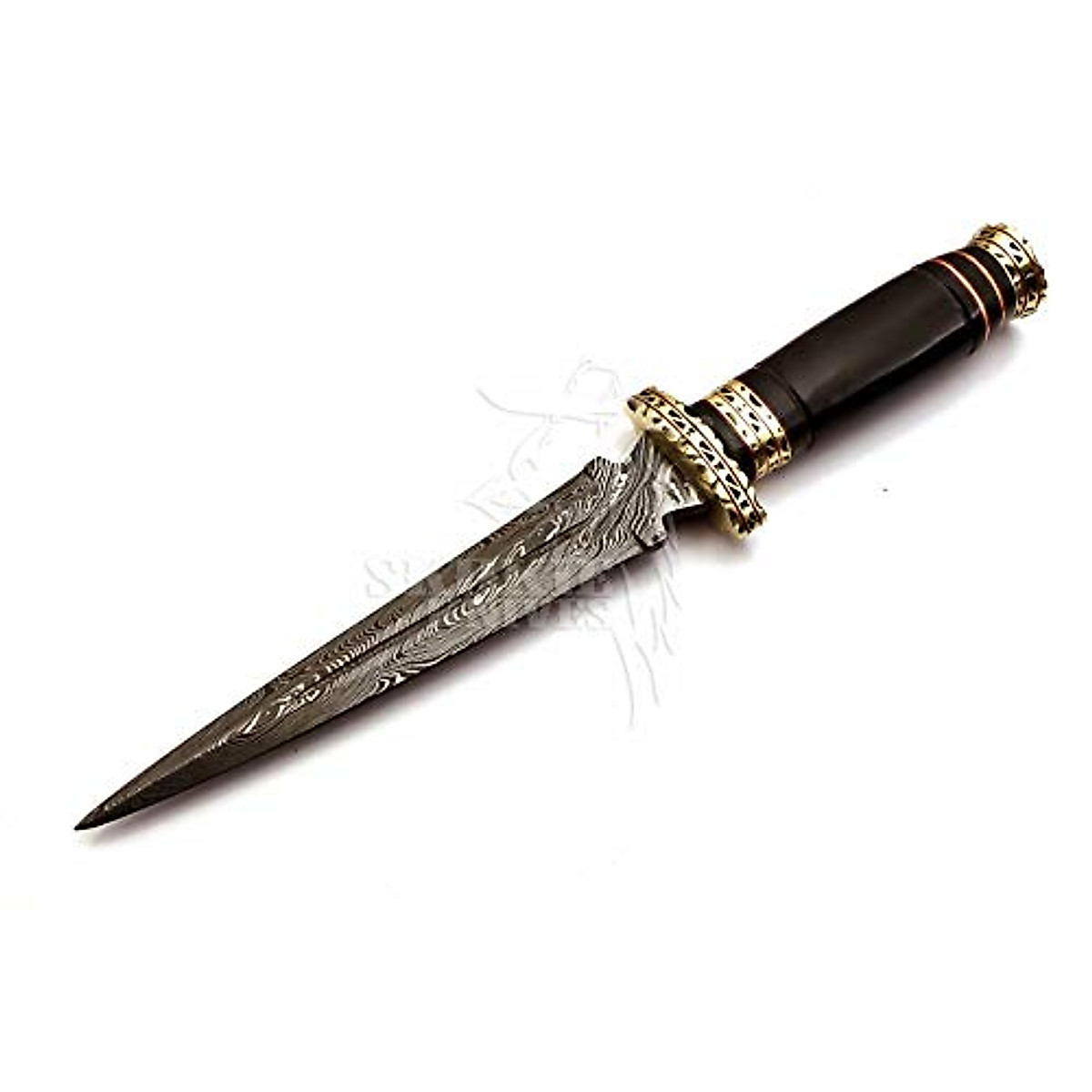 Skokie Knives Custom Hand Made Damascus Steel Hunting Dagger Knife Handle Bull Horn with Brass Spacer (Black Bull)