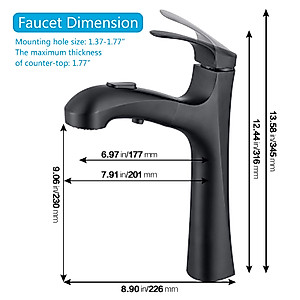 MIAOHUI Matte Black Vessel Sink Faucet, Pull Out Tall Bathroom Faucet, Single Hole Bathroom Sink Faucet with 3 Modes Pull Down Sprayer, One Handle Modern Vanity Faucet, Farmhouse Lavtory Faucet