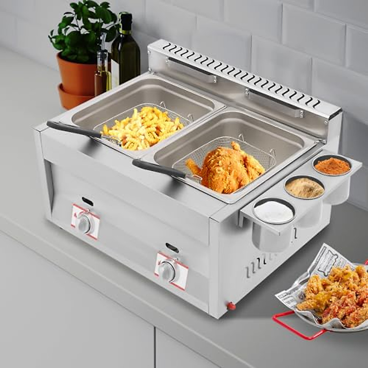 PANEKOLO 10L Commercial Deep Fryer with 2 Baskets and Lid, Countertop Commercial Dual Tank Kitchen Fat Fryer