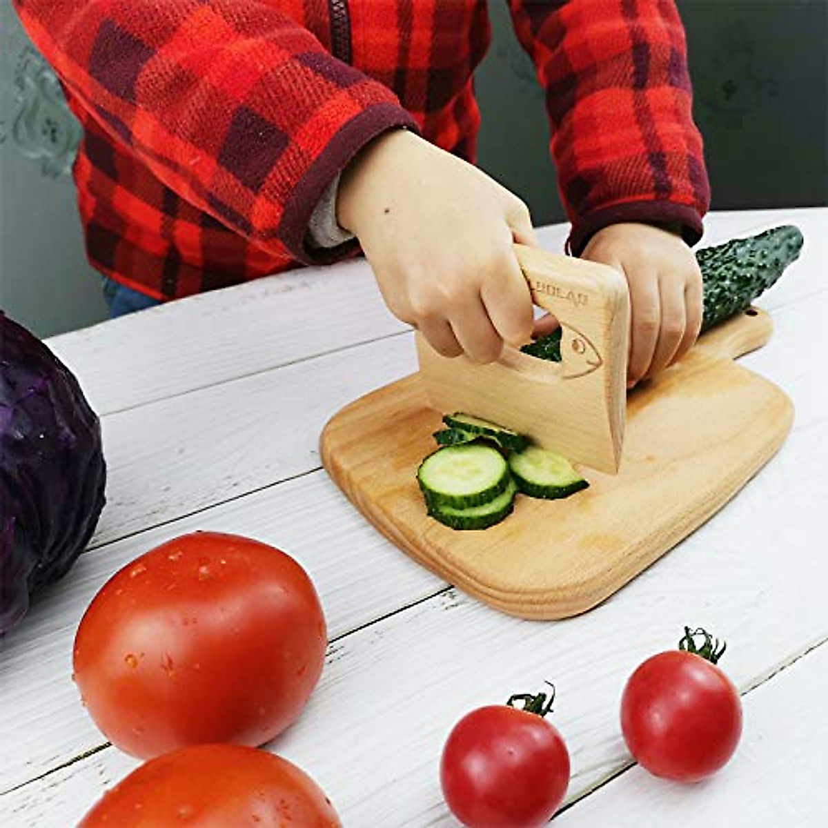 LUOLAO Wooden Kids Knife for Cooking and Safe Cutting Veggies Fruits, Cute Fish Shape Kids Kitchen Tools, 2-5 Years Old Applicable