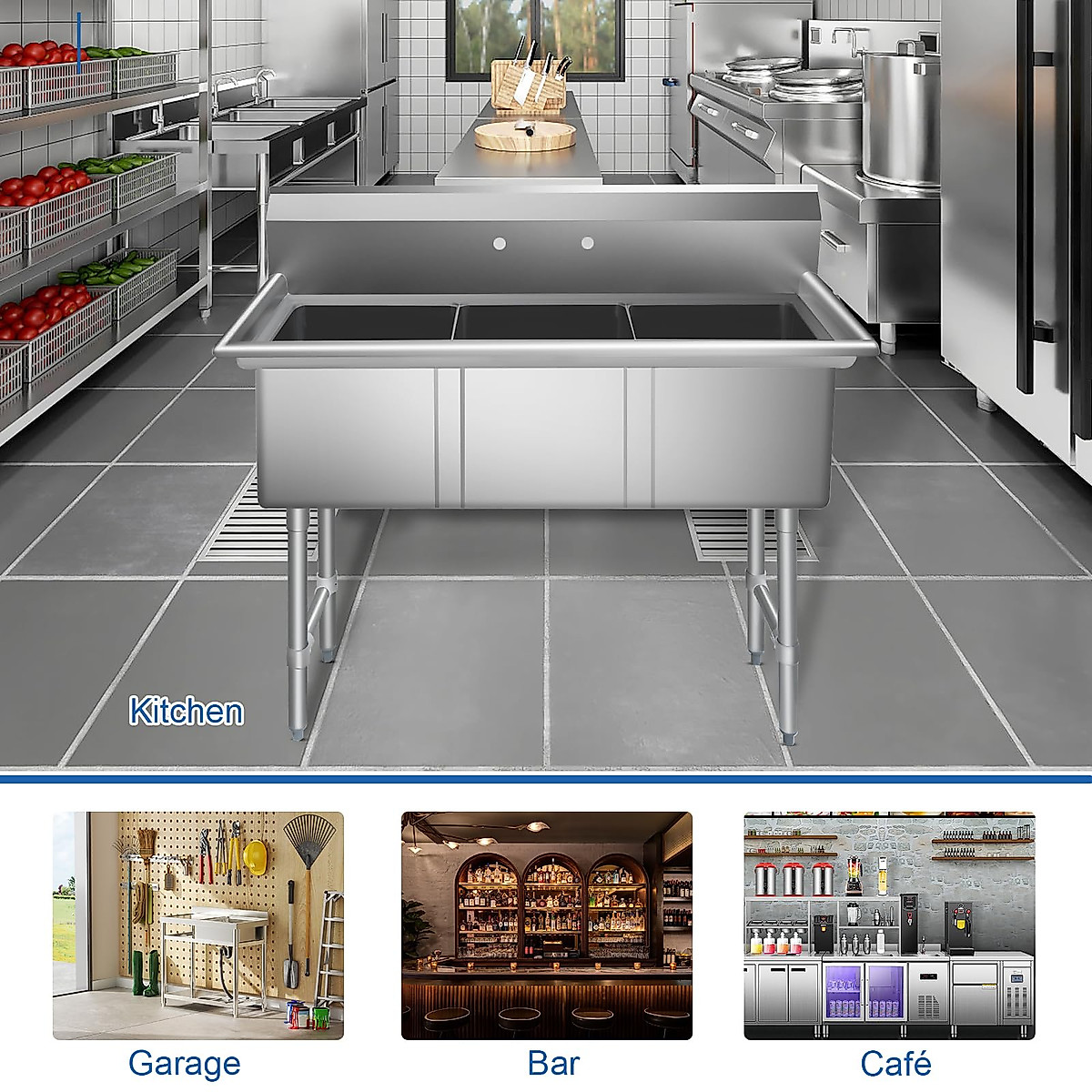 HARDURA Stainless Steel Kitchen Sink With 3 Compartments, Commercial Sink Freestanding NSF Certified Utility Basin 10" L X 14" W X 10" D Bowl For Kitchen & Restaurant, Laundry Room