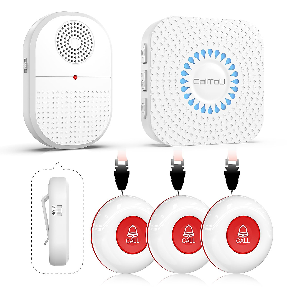 CallToU Wireless Caregiver Pager Call Button Nurse Alert System Waterproof 500+ Feet for Elderly Monitoring Patient Seniors 3 Transmitters 1 Plugin 1 Vibration Receiver