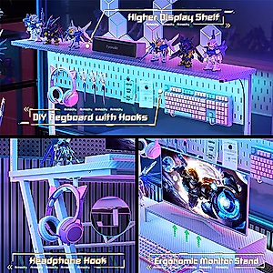 Gaming Computer Desk with Storage Shelves & Z-Shaped Legs, White Gaming Desk with Hutch and LED Lights, Reversible PC Gaming Desk with Pegboard for Bedroom & Small Spaces, Carbon Fiber Surface, 47''