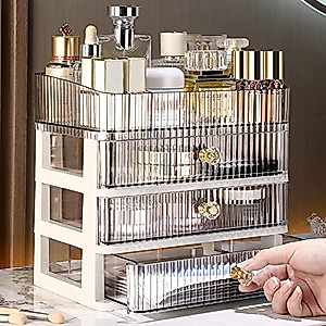KchThass Acrylic Makeup Organizer with 3 Drawers,Cosmetic Display Cases for Vanity,Skincare Organizers Countertop,Desk Storage Holder for Perfume,Lotion,Lipstick,Brushe,Nail Polish(4-Layer,Clear)