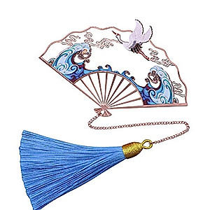 Bookmark Retro Folding Fan Bookmarks Metal White Crane Flying Over The Waves Tassel Bookmark Stationery Book Clip Book Marks Accessories