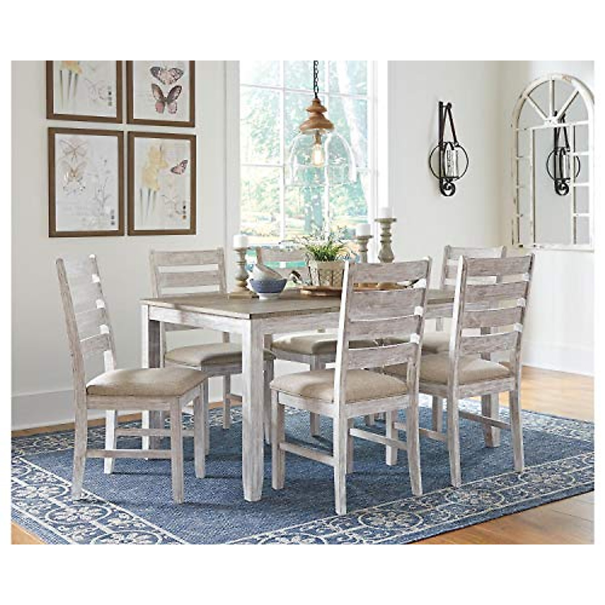 Signature Design by Ashley Skempton Cottage Dining Room Table Set with 6 Upholstered Chairs, Whitewash, 60" x 36" x 30"
