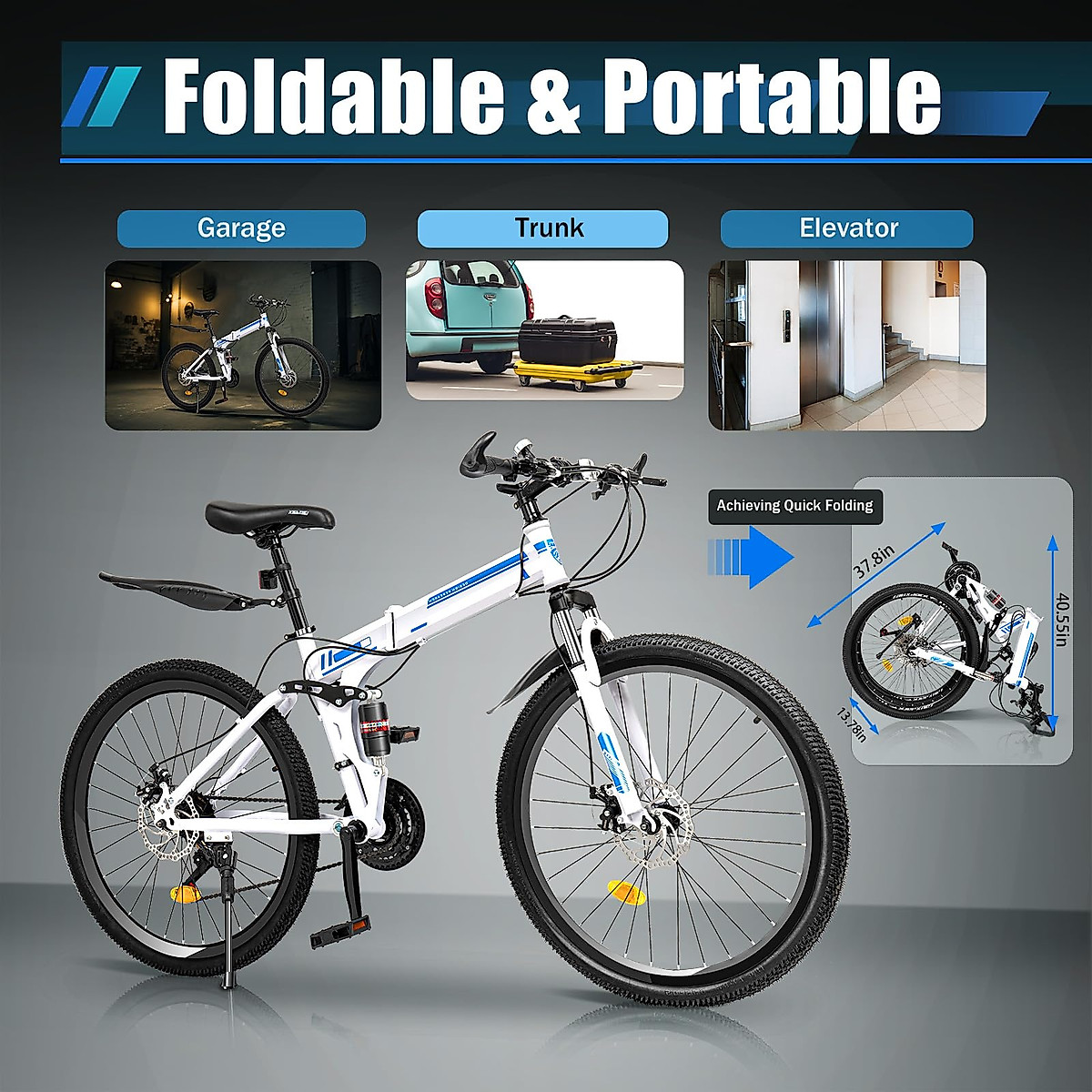 TOWOHIPPKI Folding Mountain Bike for Men Teenagers, 26 Inch Wheels 21 Speed Adult Bikes Carbon Steel Foldable Mountain Bike, Front and Rear Brakes, Blue & White