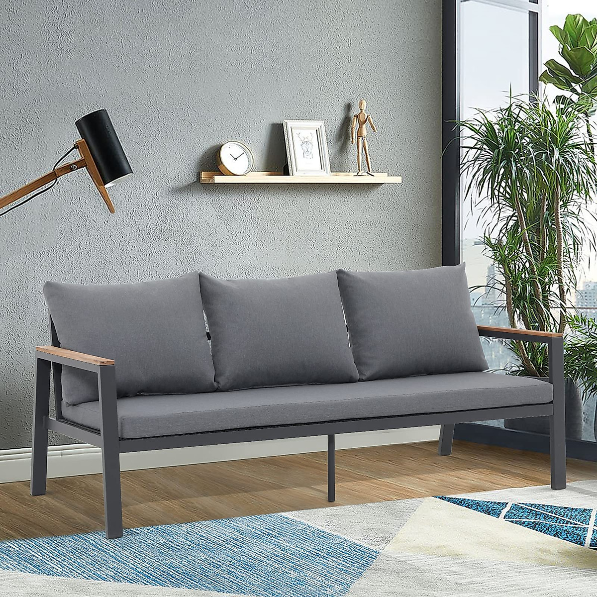 JOIVI Outdoor Couch, 3-seat Aluminum Outdoor Sofa with Teak Arms, Patio Couch with Teak Wood Armrest, High-Density Sponge, 3-Seater Aluminum Frame Couch for Outside Poolside, Lawn, Backyard, Gray