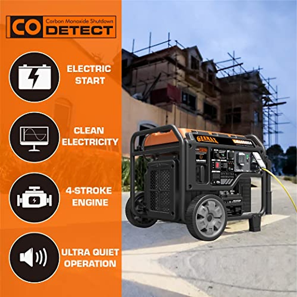 GENMAX Portable Inverter Generator, 6000W open frame Gas Powered High Speed Engine with Electric Start, Ultra Lightweight for Backup Home Use & Job Site，EPA Compliant (GM6000XiE)
