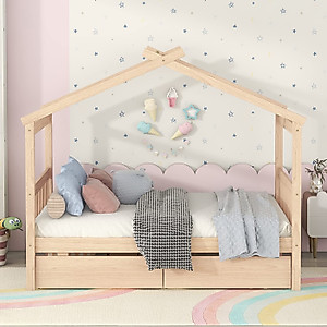 Full Size House Bed with 2 Storage Drawers Wooden Kids Montessori House Bed Frame Wood Playhouse Tent Bed for Girls Boys Teens, Natural