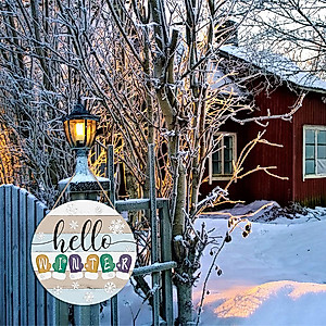 CHDITB Hello Welcome Winter Door Sign Decoration(12"x12"), Round Colourful New Year Wall Hanging Decor with Snowflake Gloves Mitten, Rustic Christmas Holiday Door Hanger for Front Porch Farmhouse