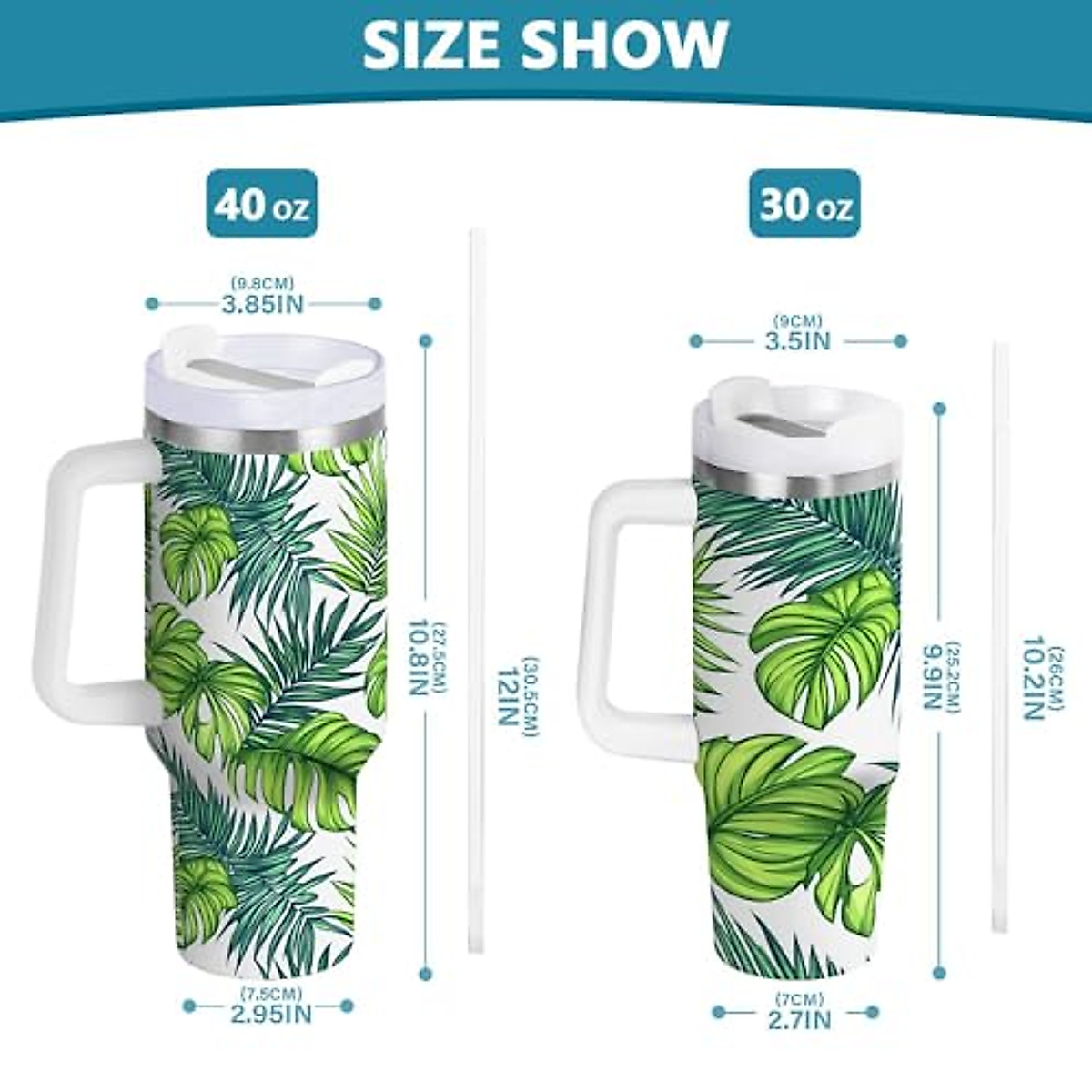 Slewiaeky Tumbler with Handle 40 oz Plant Palm Leaf Cool Travel Mug with Lid and Straw Green Stainless Steel Vacuum Insulated Water Bottle Cup for Iced Tea Coffee Cold Beverages Cup Holder Friendly