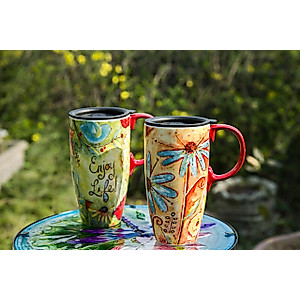 DUSVALLY Ceramic Mug Large Coffee Cup Tall Travel Mugs Porcelain Latte Tea Cup with Lid 17oz,Orange Flower