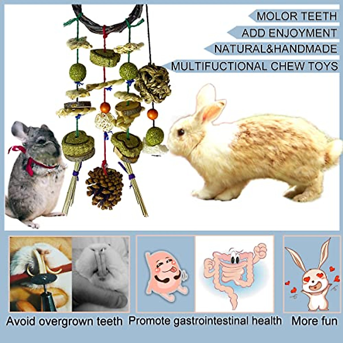 Rabbit Chew Toys for Teeth, Handmade Rabbit Toys for Bunnies, Natural Guinea Pig Chew Toys with Balls, Timothy Hay, Apple Wood for Chinchilla Gerbil