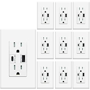 USB C Outlet, 4.8A Type C + A Fast Charger, Tamper Resistant 15-Amp Receptacle Compatible with Samsung Z Fold5 S22, Google Devices UL Listed, Not for Laptops (Type C 10 Pack)