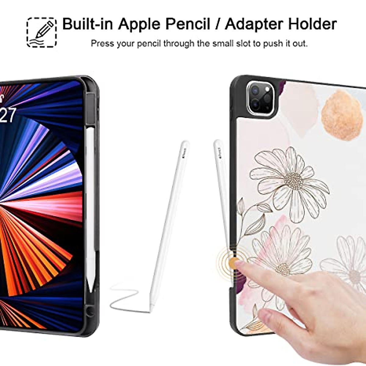 Lepeoac Designed for iPad Pro 11 inch Case M2 4th Generation (2022) / 3rd Gen (2021) / 2nd Gen (2020) / 1st Gen (2018) with Pencil Holder, Trifold Stand TPU Back Shell Smart Case, Floral