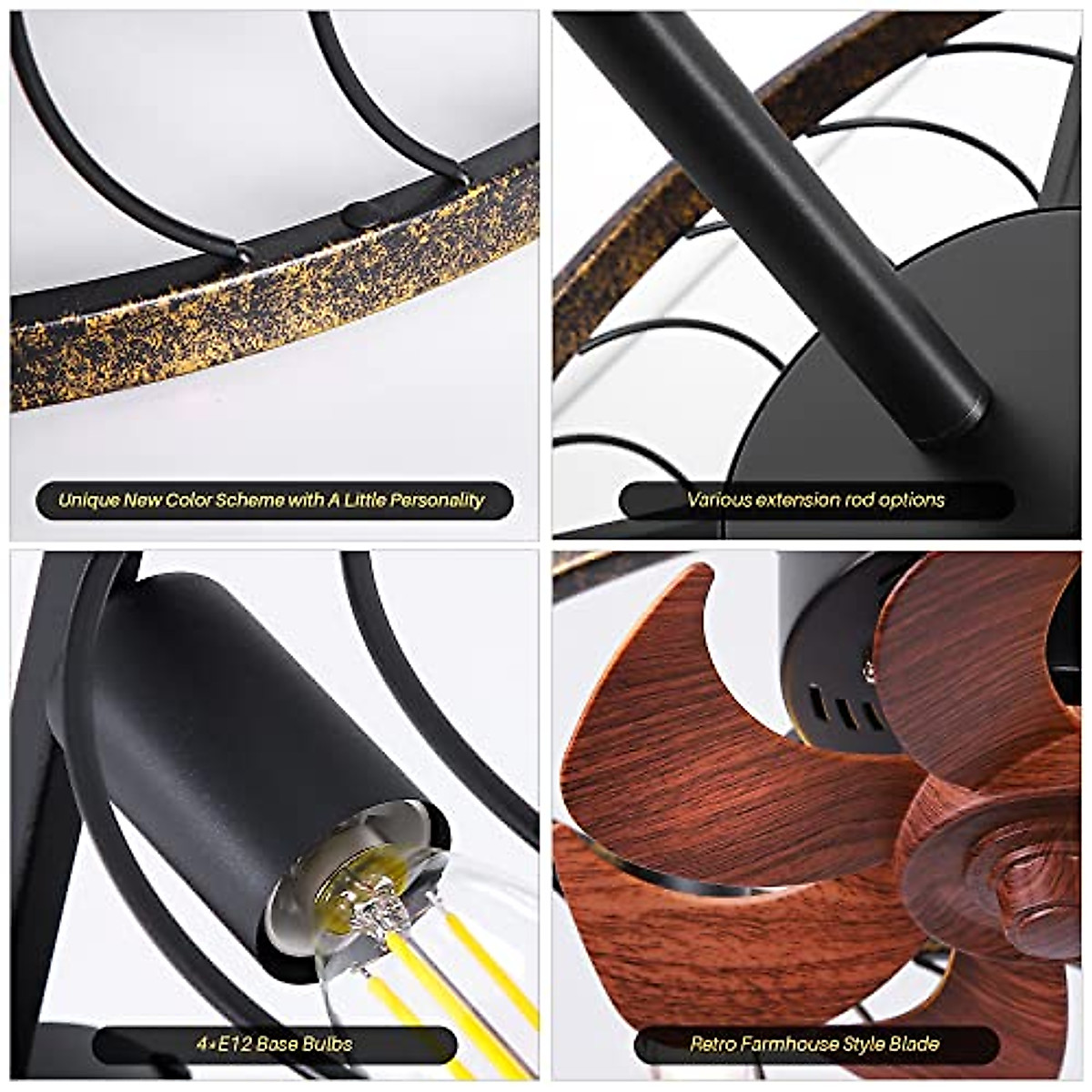 Rustic Hand-Swept Gold Paint Accents Sand Black Fandelier Ceiling Fans with Lights and Remote, Farmhouse Caged Semi-Flush Mount Ceiling Fan with Height Adjustment, Reverse Quite Motor for Indoor