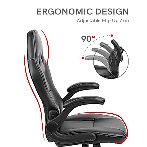 KLASIKA Computer Office Gaming Chair, Ergonomic Swivel Video Game Chairs with Flip Up Armrest Adjustable High Back Leather Desk Chair for Adults Women Men, Black