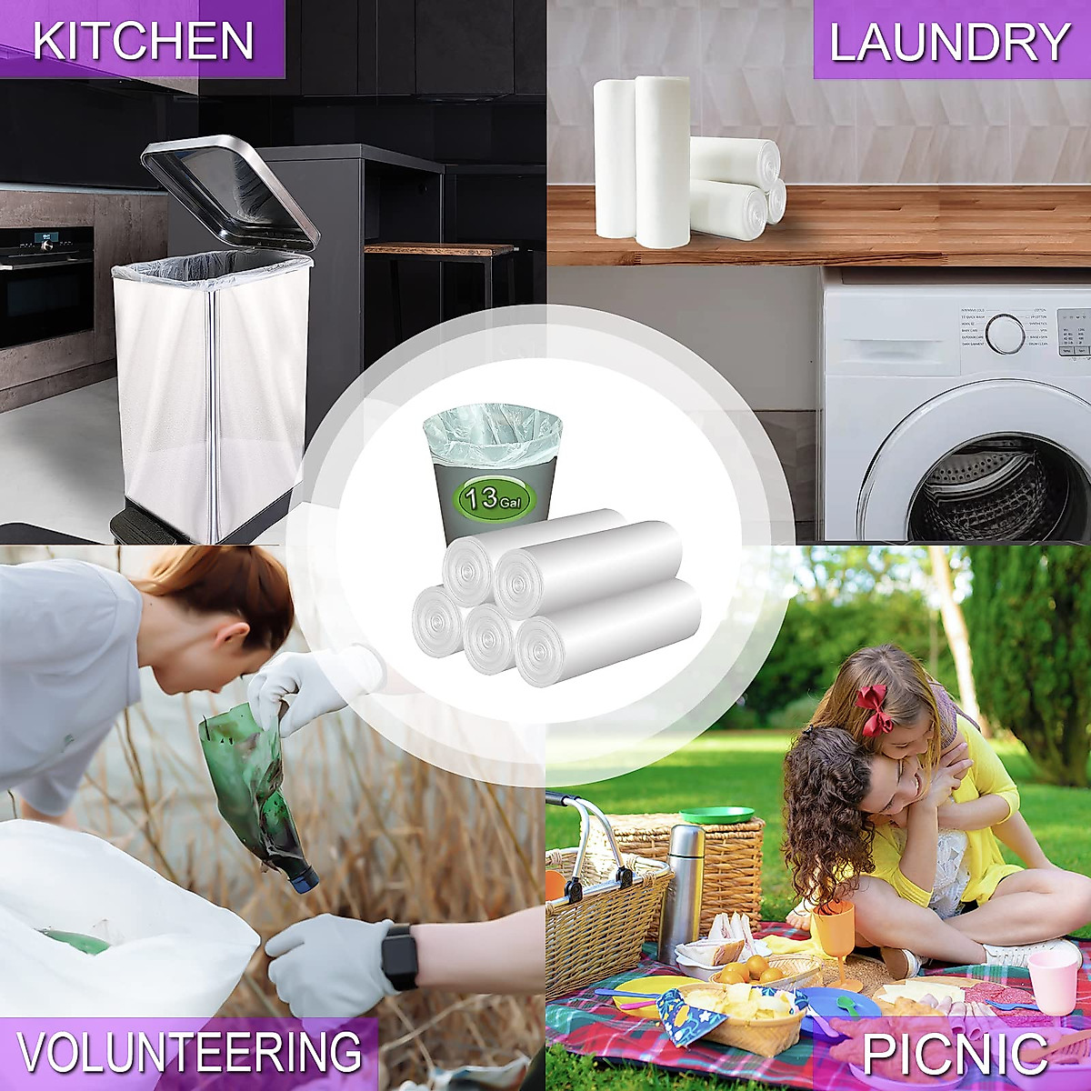 Trash Bags 13 Gallon Tall Kitchen Garbage Bags, Inwaysin Recycle Bags, Biodegradable White Trash Bags, 75ct