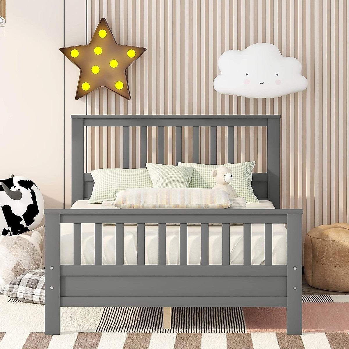 Merax Full Bed Frame,Wood Platform Bed with Headboard,Full Size Bed Frame for Kids,No Spring Box Needed (Grey Full Bed)