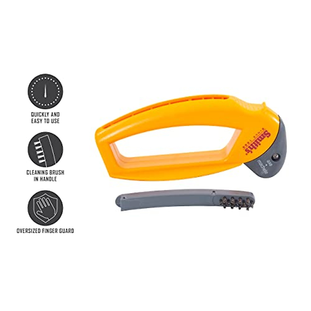Smith’s 50582 Axe & Machete Sharpener - Axe, Machete, Hatchet, & Mower Tools - Large Handle w/ Finger Guard - Handheld Manual - Replaceable Carbide Blades - Wire-Bristled Cleaning Brush - Durable