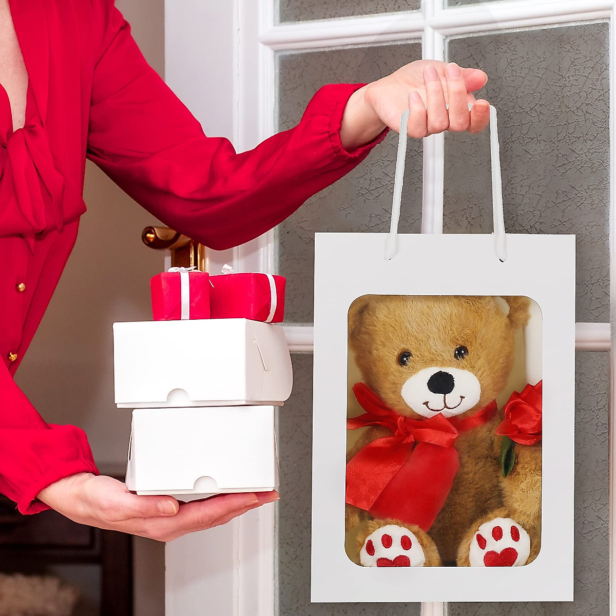 Cute Plush Bear with Rose and Red Heart Soft Plush Bear Stuffed Animal with Gift Bag for Mother's Day Present Lovely Bear for Kids Girlfriend Sofa Car Bedroom Decor, 8 Inches