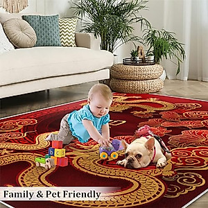 KOMEJIE Chinese Style Dragon Area Rugs, Red Traditional Classic Rug for Bedroom, Non Slip Easy Clean Soft Carpet for Hallway Floor Living Room 2 x 5 ft