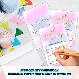 Watercolor Glitter Pool Party Birthday Party Invitation, Water Slide Pool Birthday Party Invite for Kids Girls Boys, Summer Birthday Party Celebration Supplies, 20 Invitations with Envelopes - JY773