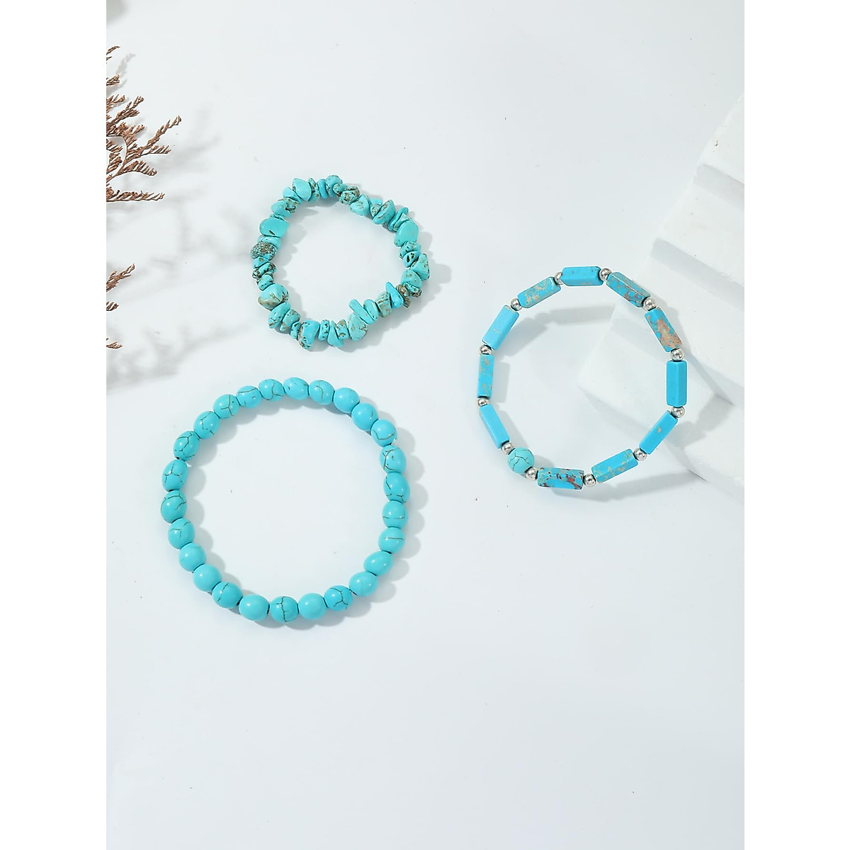 3Pcs Turquoise Bracelet for Women Boho Turquoise Bead Bracelet Natural Stone Beaded Stretch Bracelets Set Healing Crystal Bracelets Turquoise Jewelry for Women