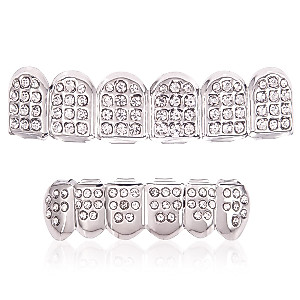 Gold Grillz Teeth Set Diamonds Grillz 18K Plated Gold Top & Bottom Grill Hip Hop Bling Iced Out Grillz for Women Men Kids Costume Cosplay with Molding Bars Silver