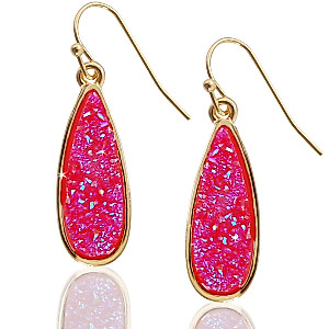 Humble Chic Simulated Druzy Drop Dangles - Sparkly Long Teardrop Dangly Earrings for Women, Gold - Hot Pink Stone