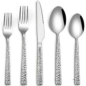 Hammered Silverware Set, HaWare 60-Piece Stainless Steel Flatware Set for 12, Modern Eating Utensils Tableware Cutlery Set for Kitchen Hotel Restaurant Party, Mirror Polished - Dishwasher Safe