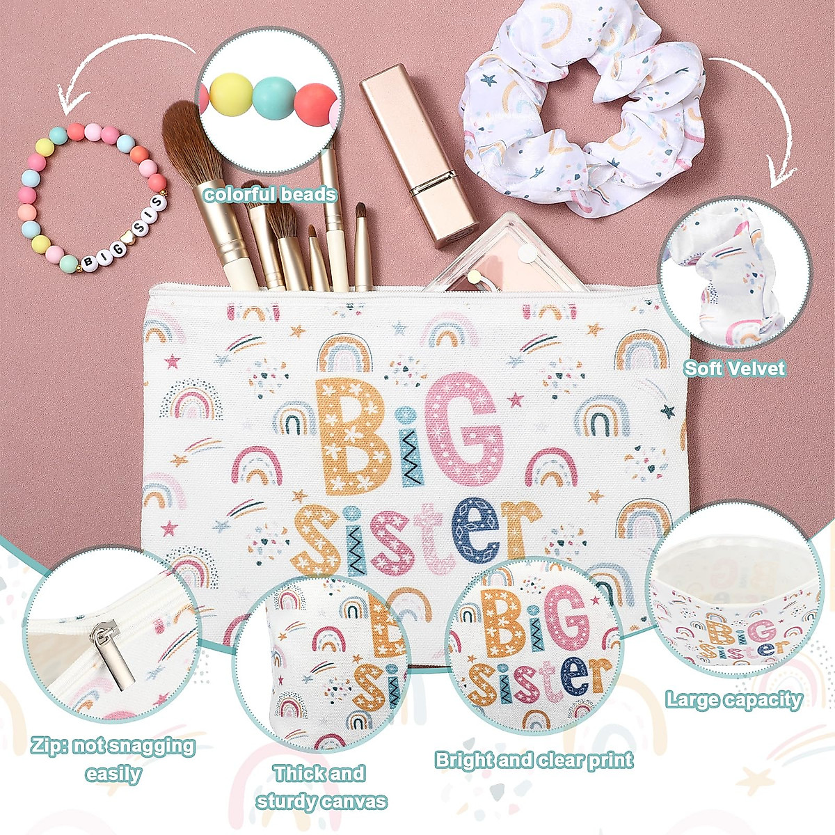 Sieral 4 Pcs Big Sister Gifts for Girls Cute Big Sister Makeup Bag 14oz Stainless Steel Tumbler Scrunchies Big Sister Bracelet for Little Girls of New Baby Christmas Birthday(Multicolor,Rainbow)