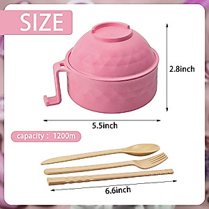 Romooa Microwave Ramen Cooker Set 33 oz Quick Ramen Bowl Set Microwave Noodle Cooker with Handle Ramen Noodle Bowl with Spoon Chopsticks Fork College Dorm Room Apartment Essentials(Pink)