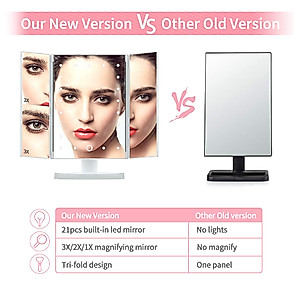 DIOZO Makeup Mirror with Lights, Makeup 21 LED Vanity Mirror, Lighted Up Mirror with Touch Screen Switch, 180 Degree Rotation, Dual Power Supply, Portable White Trifold Mirror